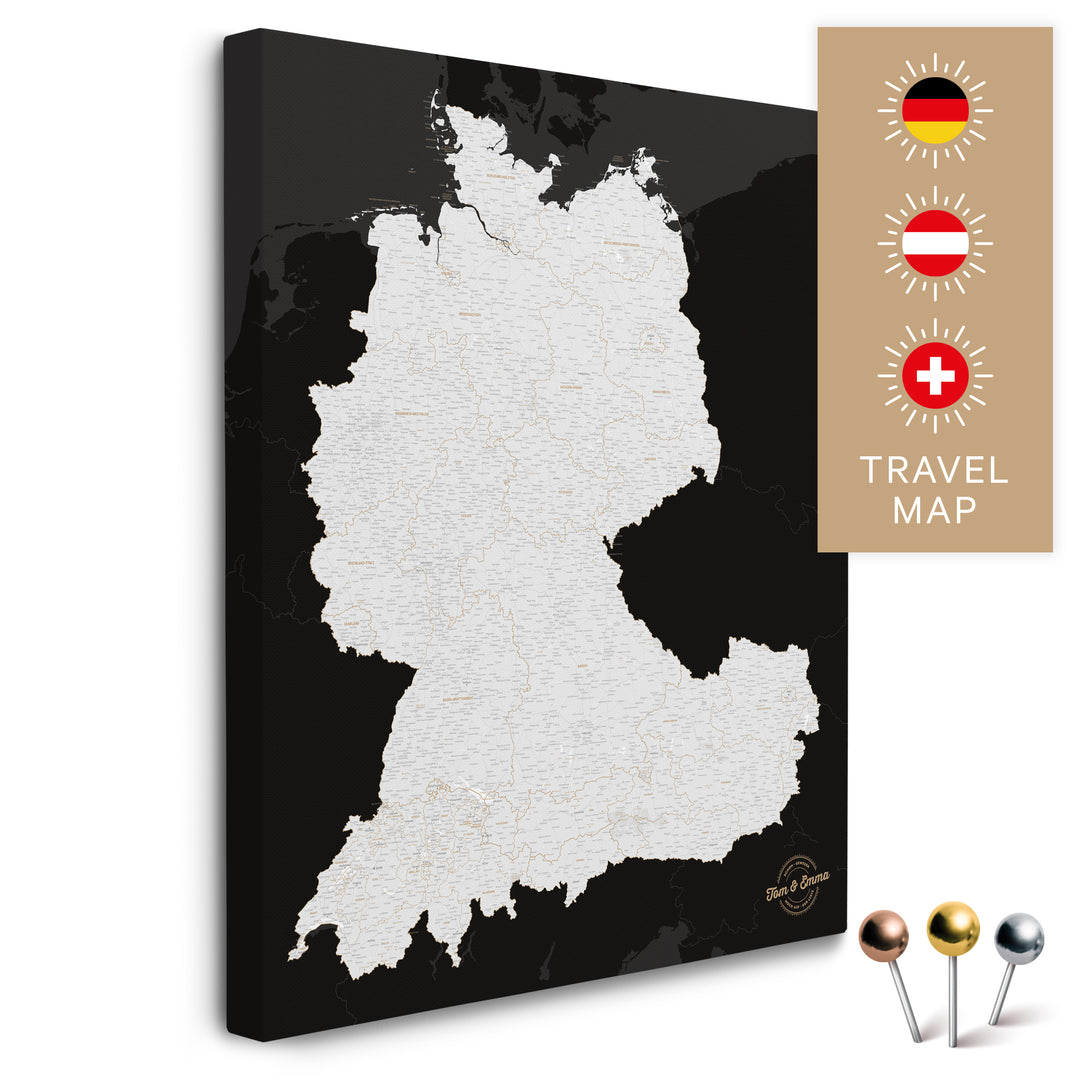 DACH Region Map TRAVEL® Push Pin Canvas – Black & White – Breuers ...