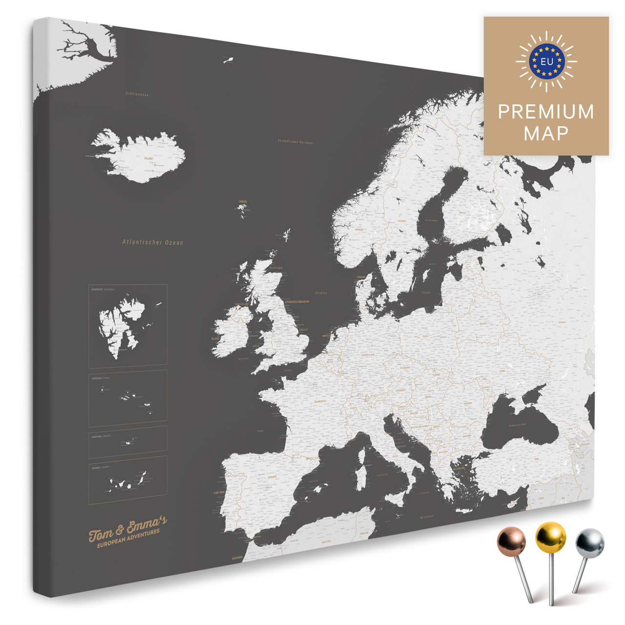 Push Pin Europe Map TRAVEL® (Pinboard) – Dark Gray – Breuers Weltkarten