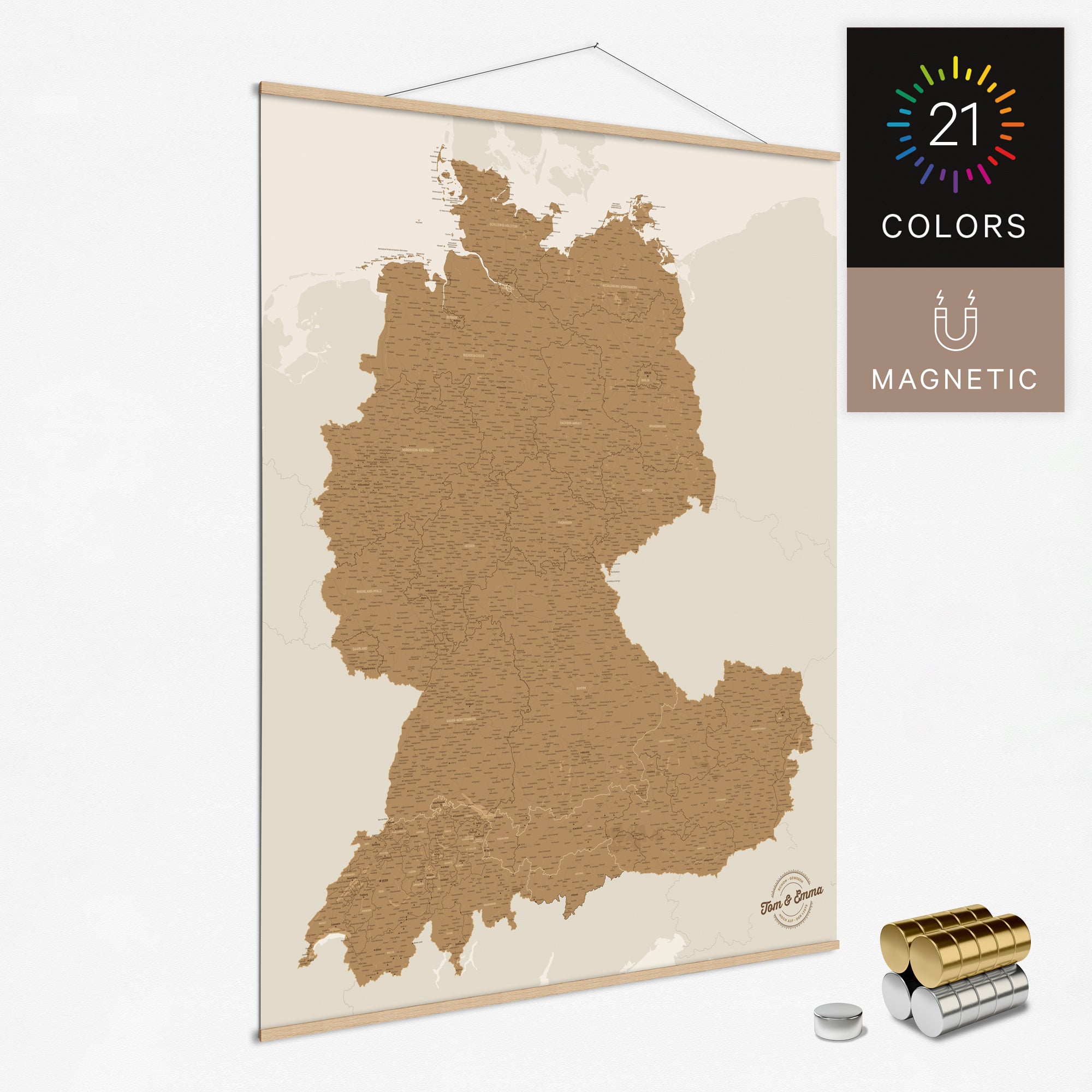 Magnetic DACH Map TRAVEL® Magnet Poster – 21 Colors – Breuers Weltkarten